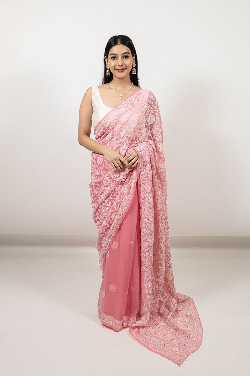 Pink Georgette Saree with Mukesh and Mirror Work & Chikankari Embroide