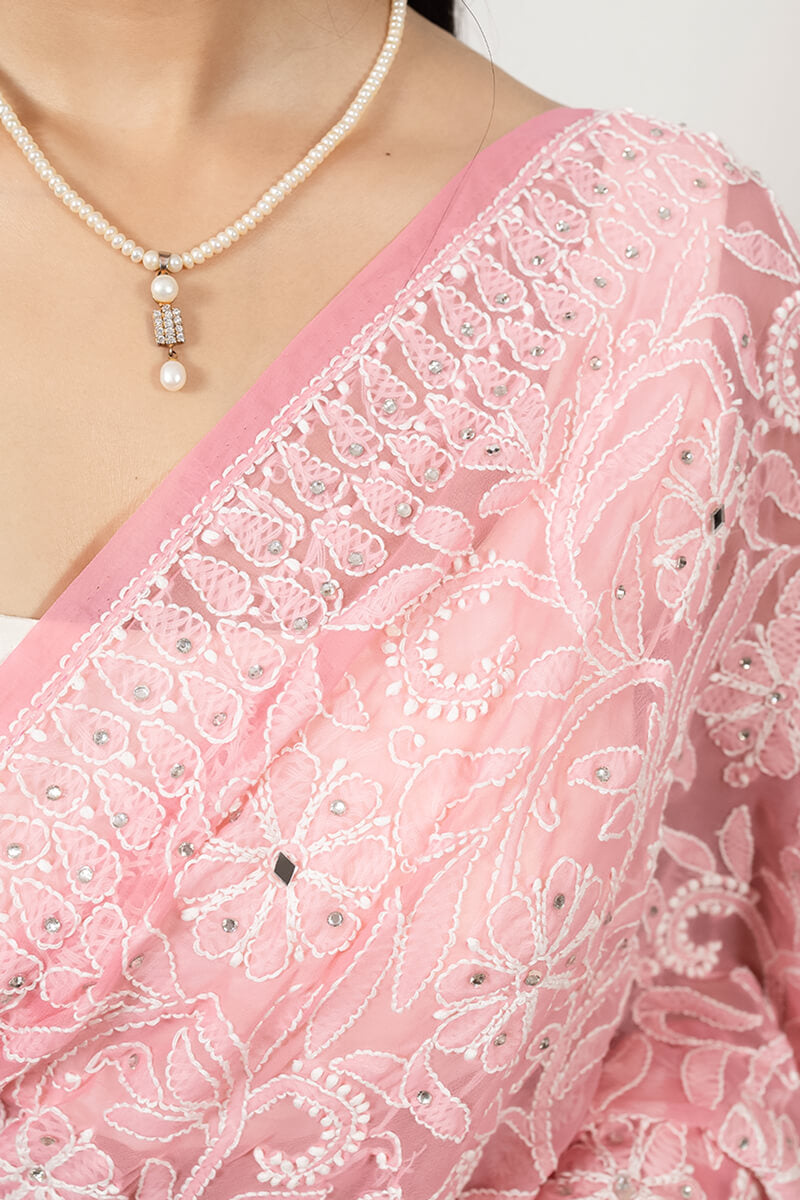 Pink Georgette Saree with Mukesh and Mirror Work & Chikankari Embroide