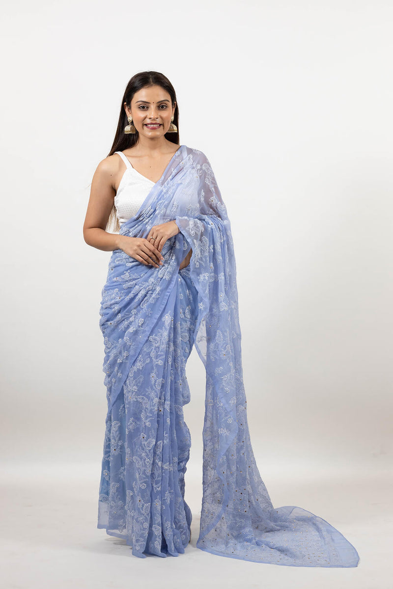 Lavender Blue Georgette Saree with Elegant Mukesh Work Embroidery